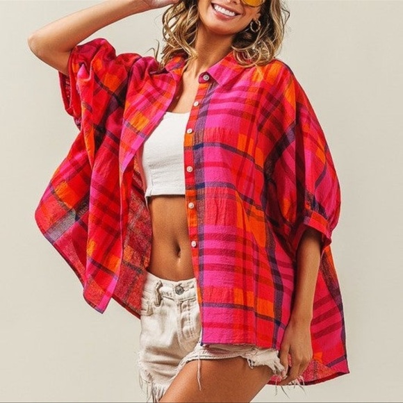 BiBi | Tops | Bibi Red And Pink Oversized Button Down Shirt | Poshmark